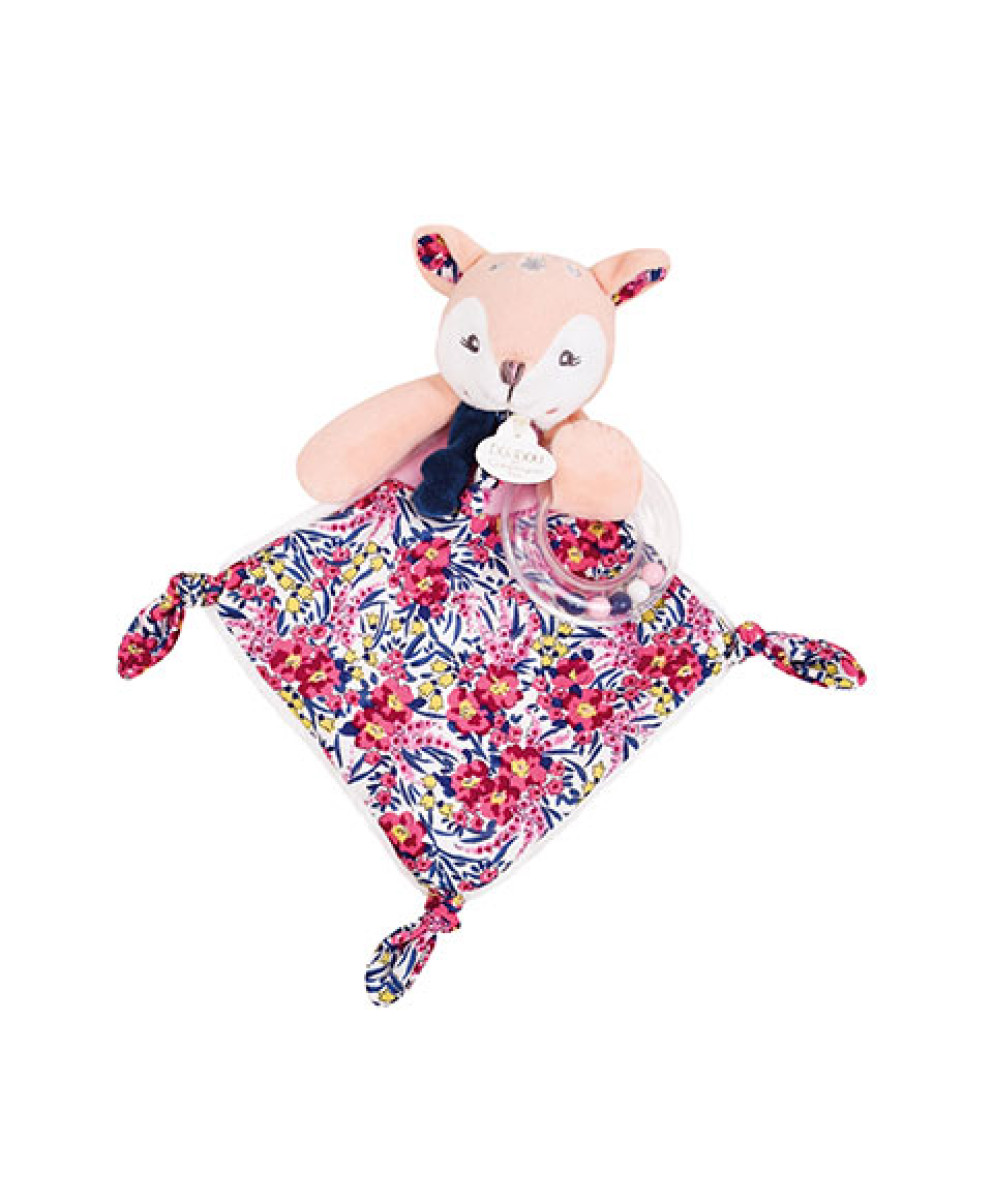 Doudou hochet a billes Faon brodé et personnalisé