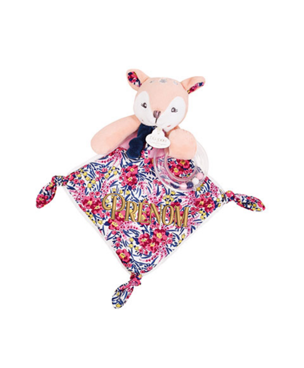 Doudou hochet a billes Faon brodé et personnalisé